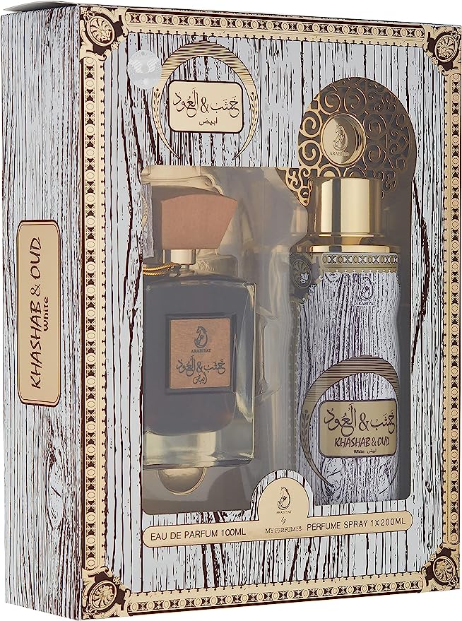 ARABIYAT Khasab & Oud White Perfume Gift Set, EDP & Perfume Spray ...