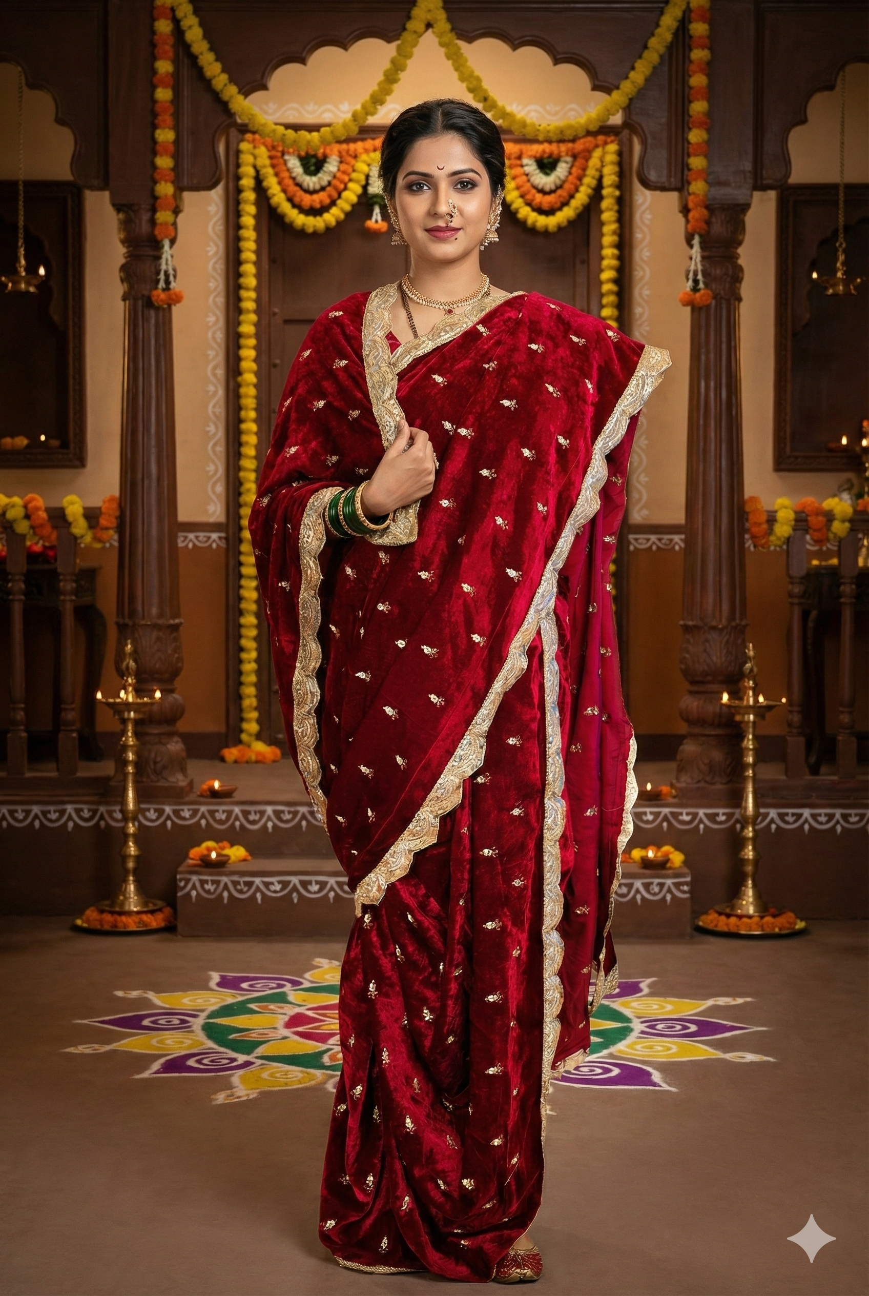 Marathi Stitched Velvet Nauvari Saree Peshwai - Regal Brown – PRAAGNEEK