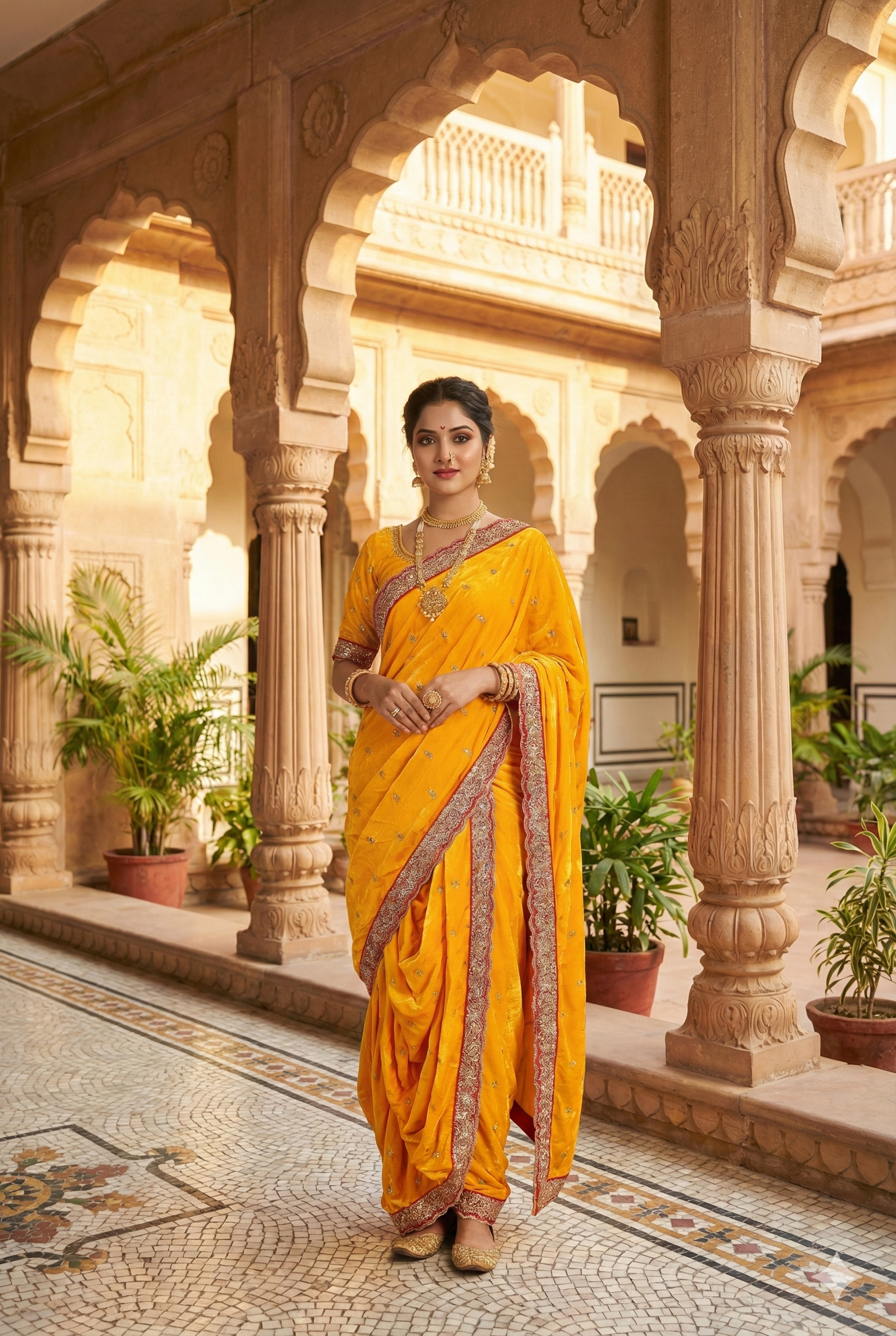 Yellow Velvet Peshwai Nauvari Saree | Readymade Stitched | Praagneek ...