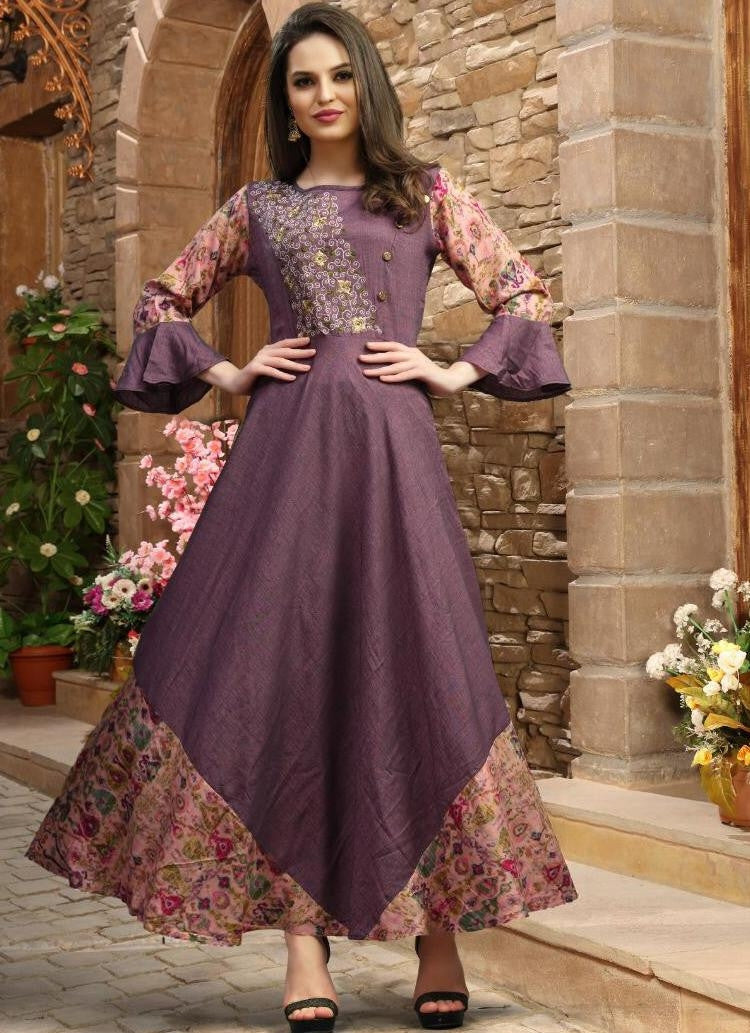 Victoria Plum color kurti with Lemonade Pink printed border (Size : 40 ...